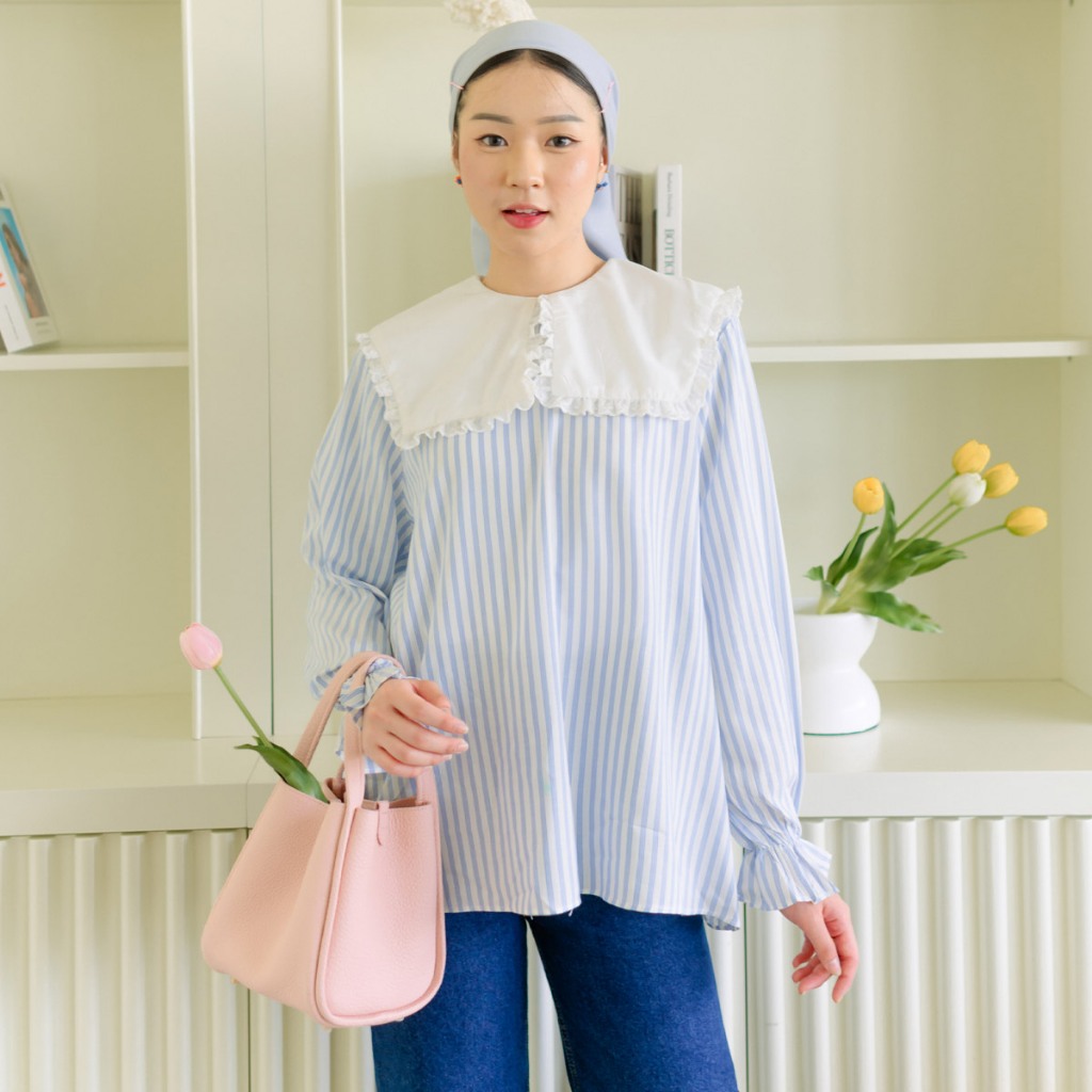 Jual HijabChic Alifa Stripe Blue Top - Kemeja Muslim Stipe Simple ...