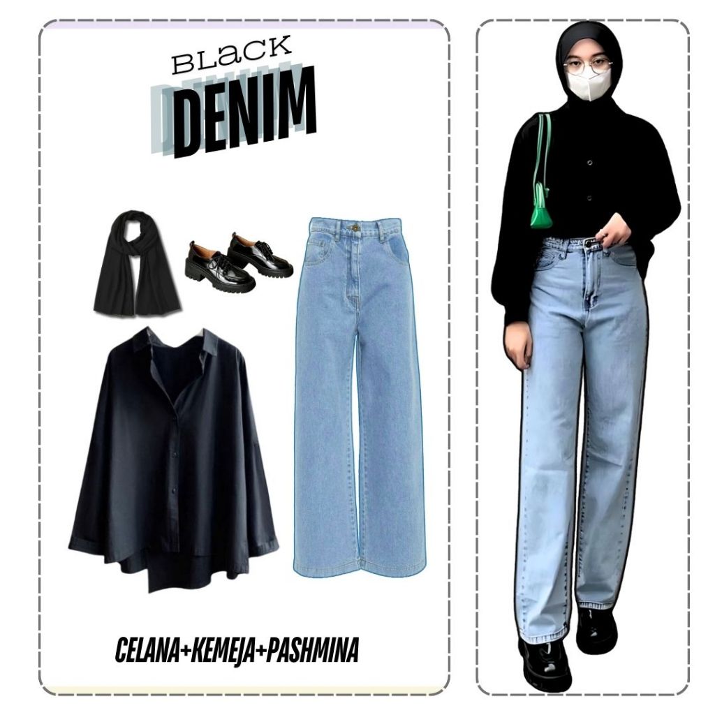 Jual Oneset wanita korean casual black style | kemeja blouse hitam celana kulot jeans denim ...