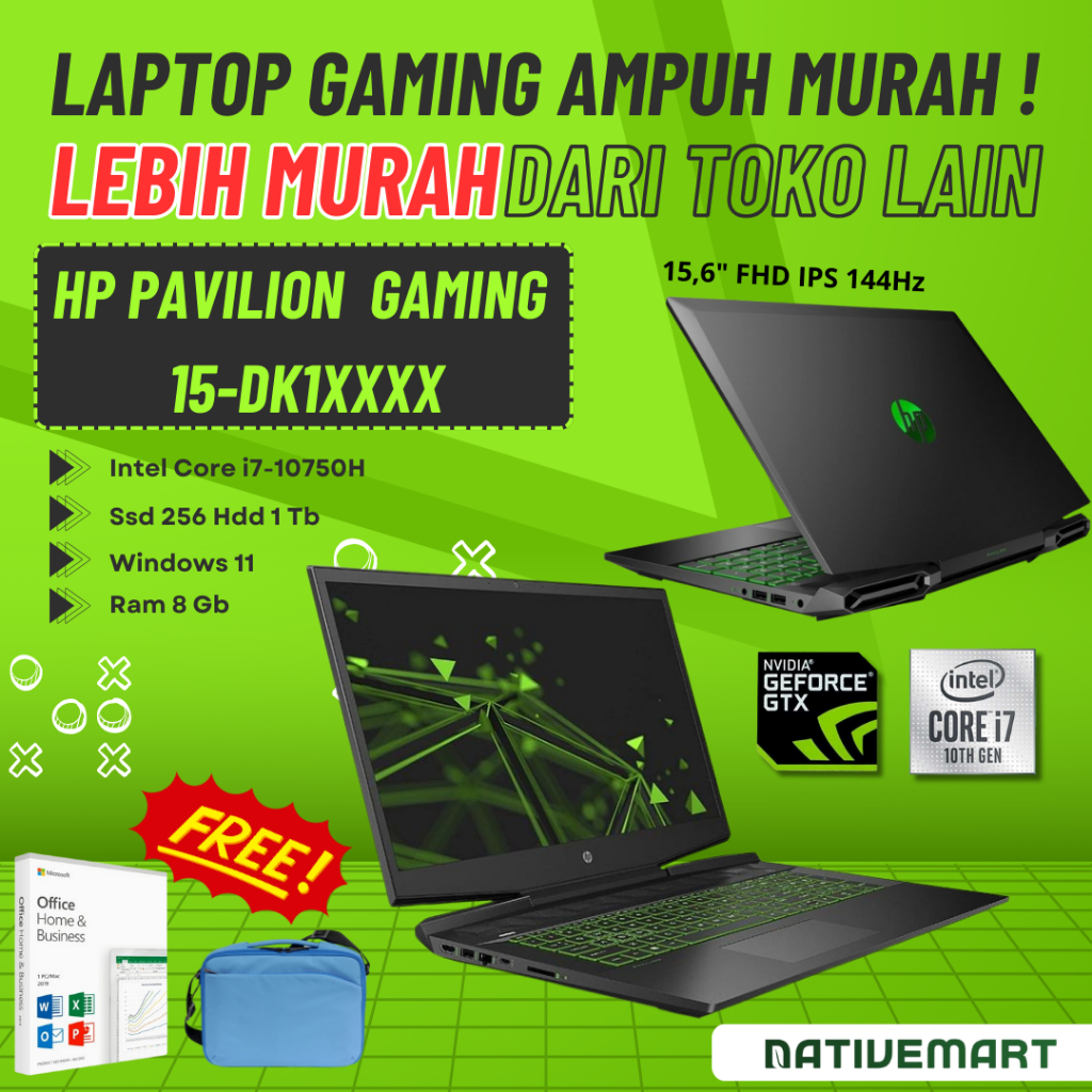 Jual Laptop HP Pavilion Gaming 15-dk1xxxx Intel Core i7-10750H Ram 8 Gb Ssd 256 Gb Hdd 1 Tb Full ...