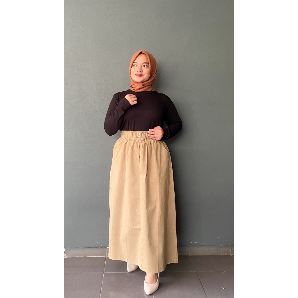 Jual Rok Katun Twill Polos Wanita Pinggang Karet Panjang 93cm Fit L-XXL ...