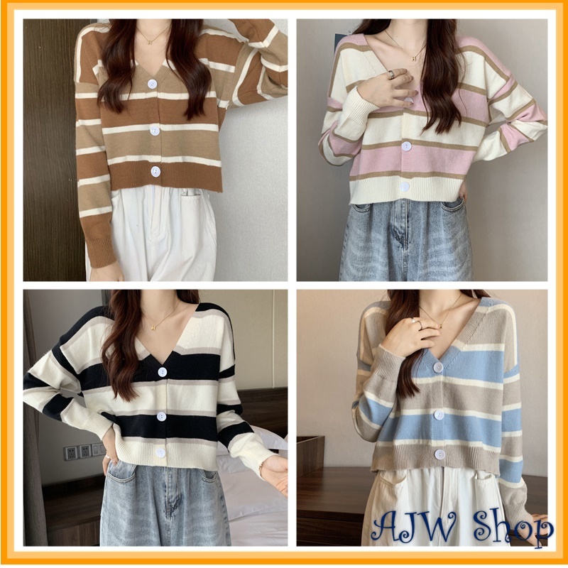 Jual AJW Cardigan Crop Rajut Korean Style WAK | Cardigan Stripe Wanita Kekinian Rajut Import ...