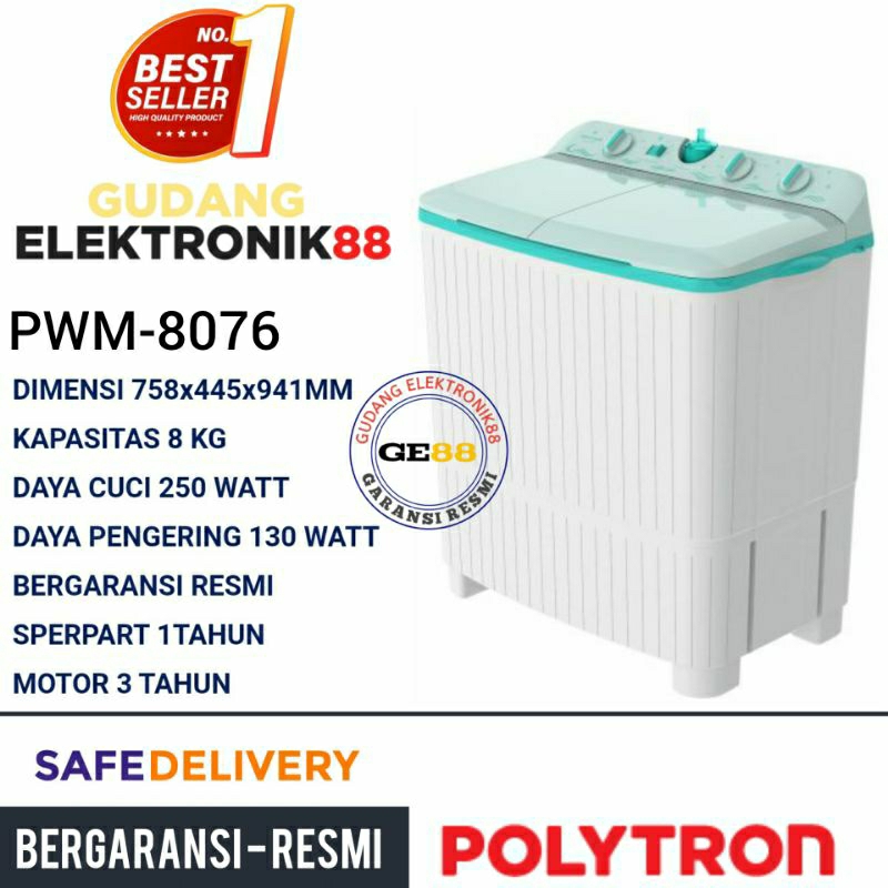 Jual Mesin Cuci 2 Tabung Polytron 8 Kg PWM-8076 Low Watt Hijab Series ...