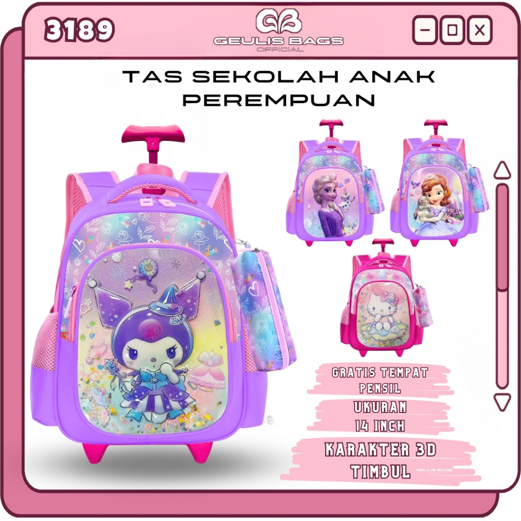 Jual GEULIS BAGS Tas Troli Dorong Anak Sekolah TK Perempuan Ransel Roda Koper Karakter Timbul ...