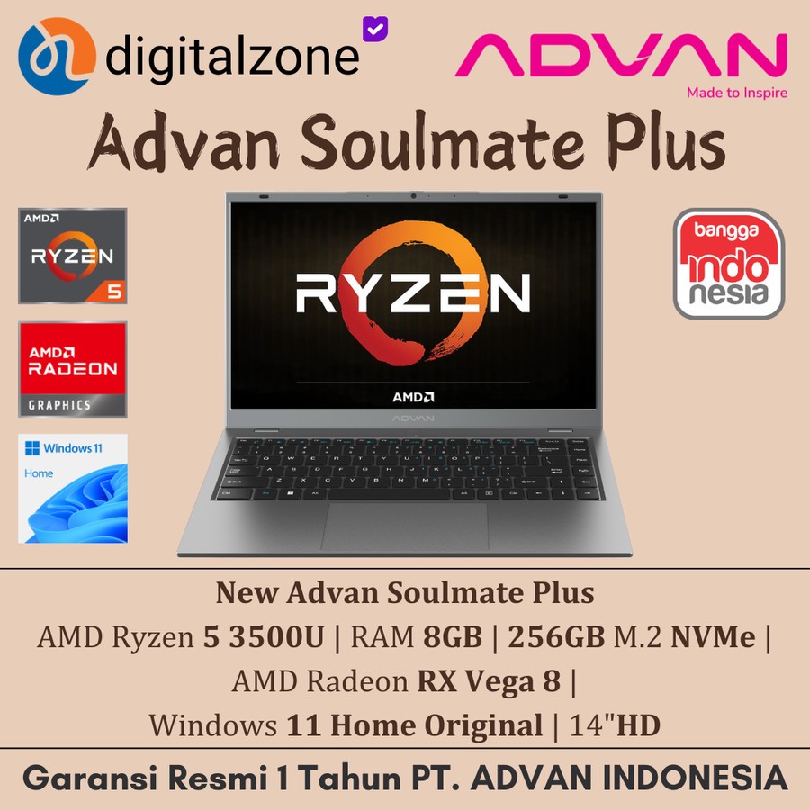 Jual Advan Soulmate Plus Ryzen 5 3500U 8/256GB NVMe W11 14"HD | Shopee ...