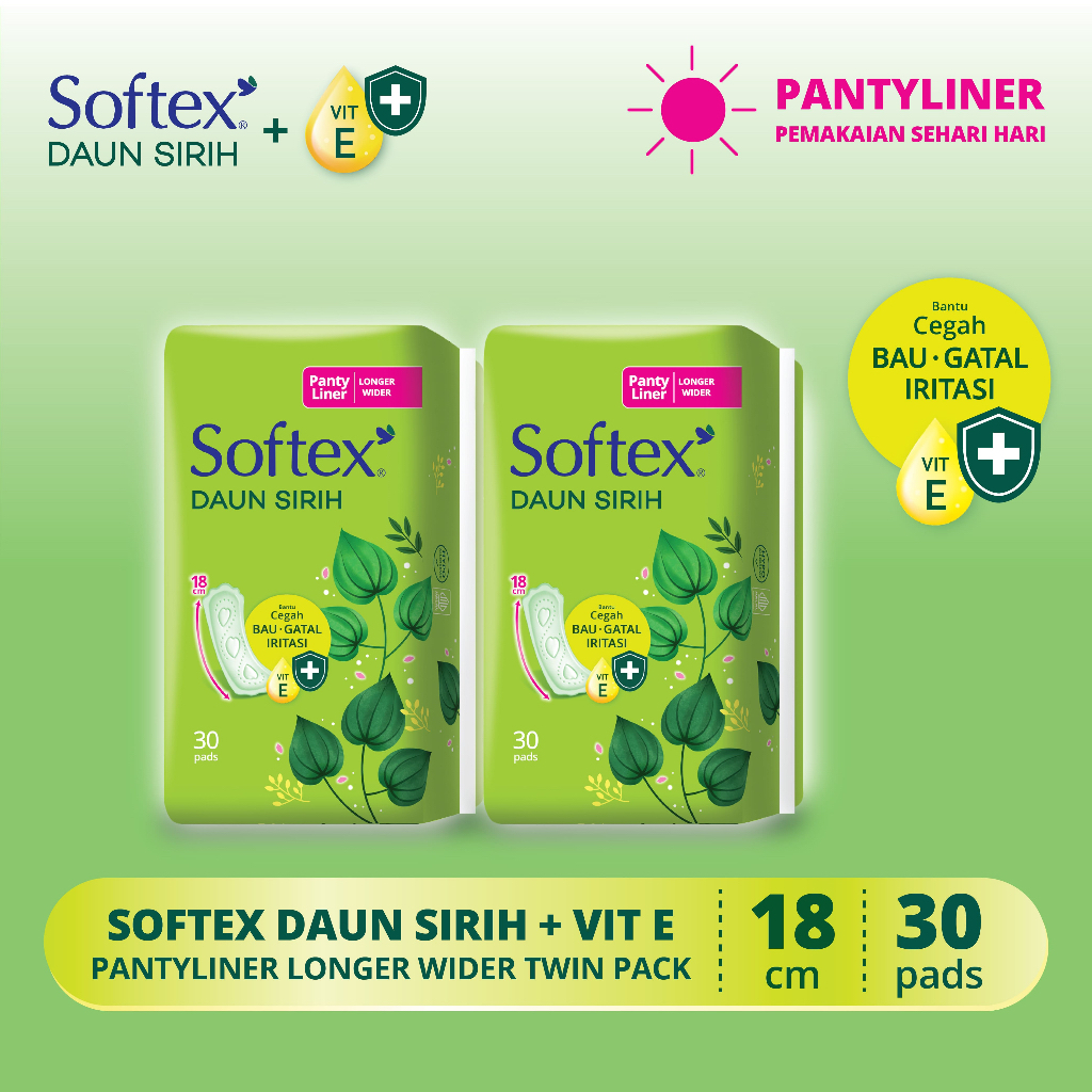 Jual Pantyliner Softex Daun Sirih + Vitamin E Longer & Wider 30s x 2 Pack - Pantyliner Daun ...