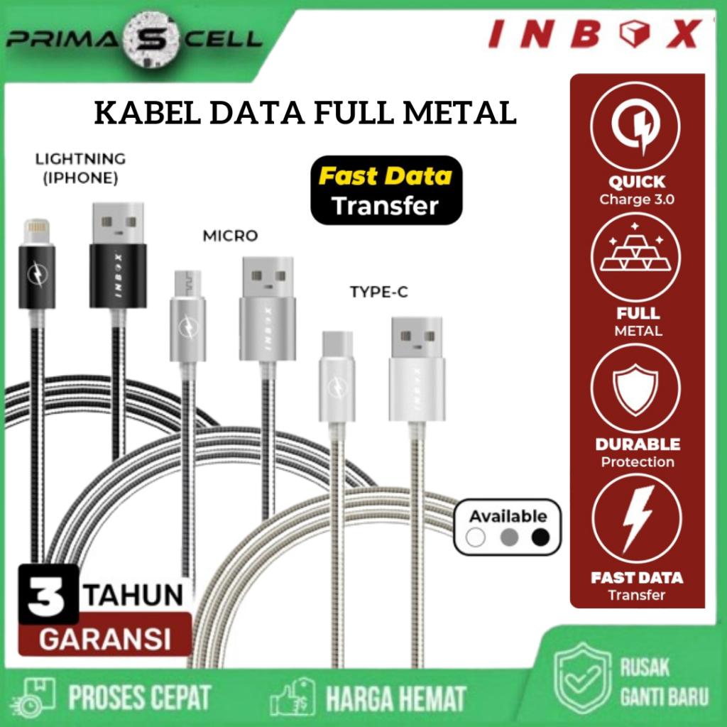 Jual Kabel Data Inbox Metal Micro Type-C Lightning Fast Charging 2.4 QC ...