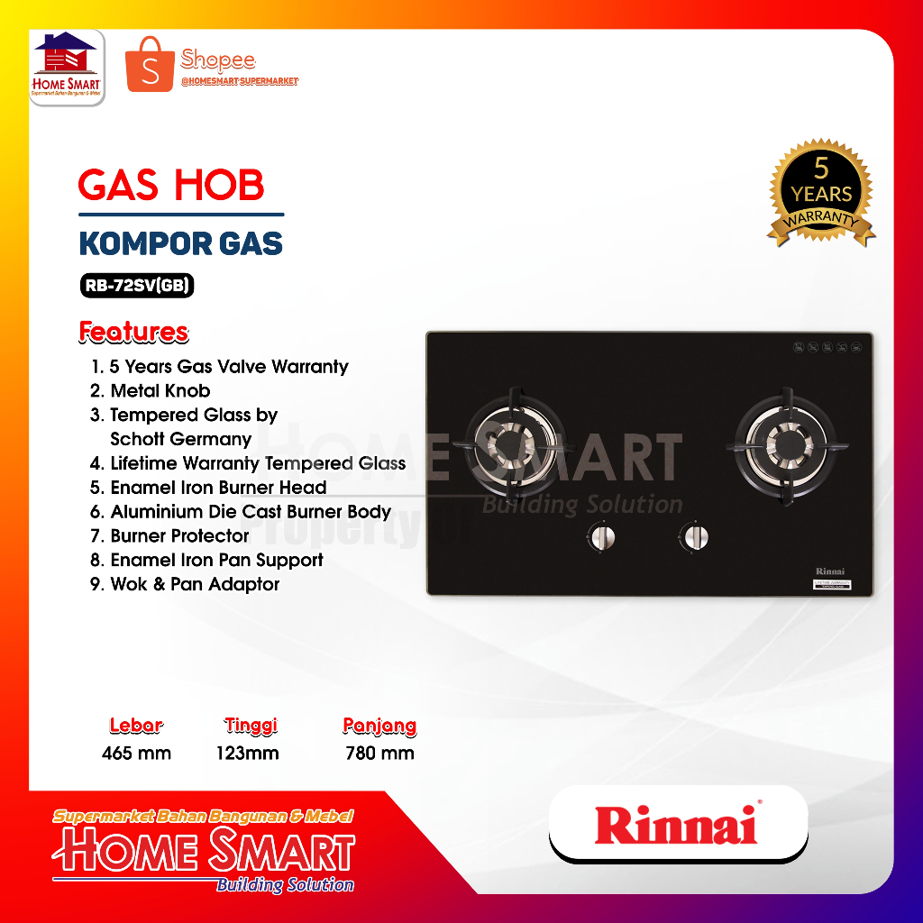 Jual Rinnai Kompor Tanam RB-72SV (GB) Glass Black RB 72 SV 2 tungku ...