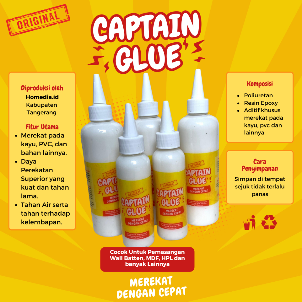 Jual Captain glue Lem Kayu Serbaguna perekat wall batten, Pvc, mdf ...