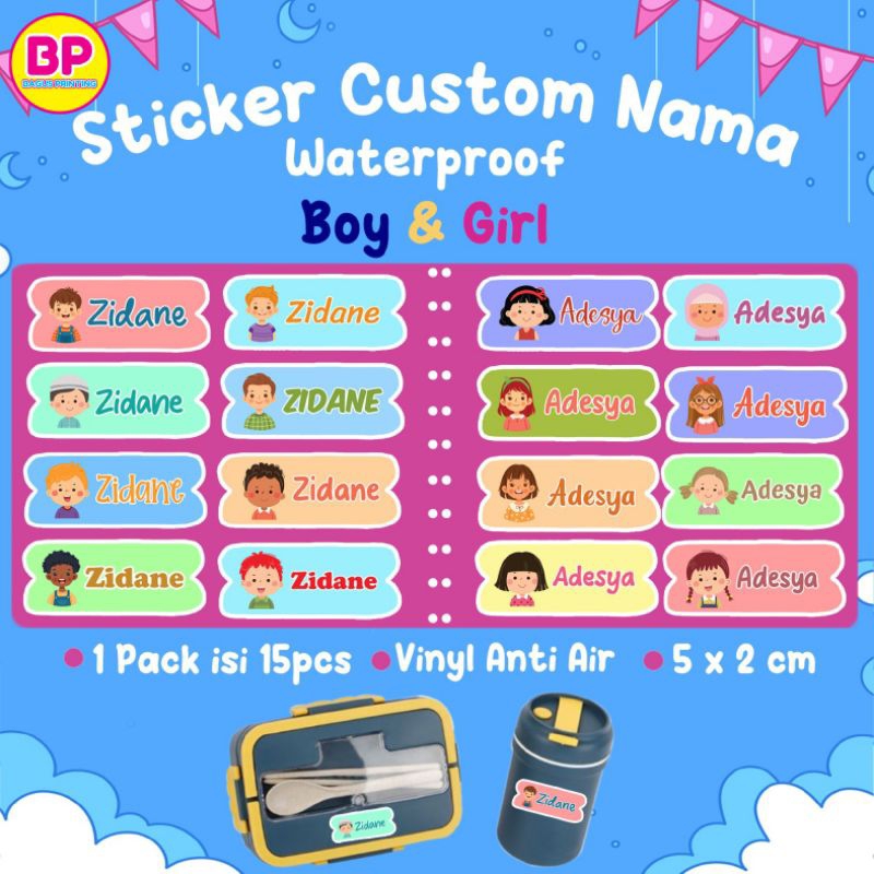 Jual Stiker Nama Waterproof Cewek Cowok, Label Nama Girl Boy tumbler ...