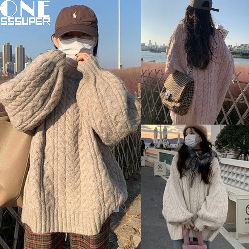 Jual Sweater rajutan leher awak retro Sweater rajut longgar wanita ala ...