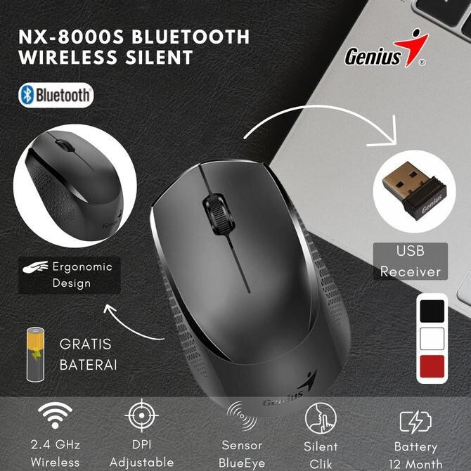 Jual GENIUS NX-8000S Mouse Wireless USB Type-C Receiver Silent NX 8000S ...