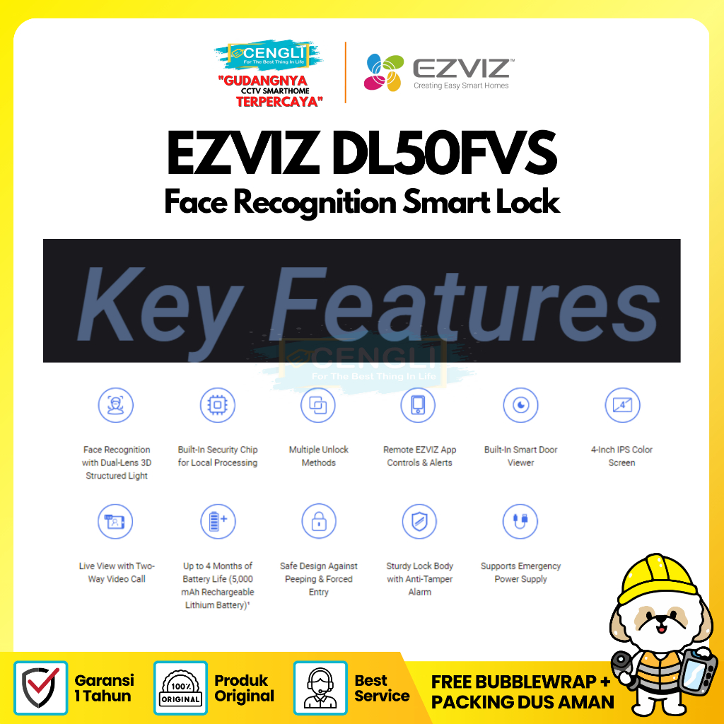 Jual Doorlock Ezviz DL50 / DL50FVS Face ID Recognition Smart Lock Smart ...