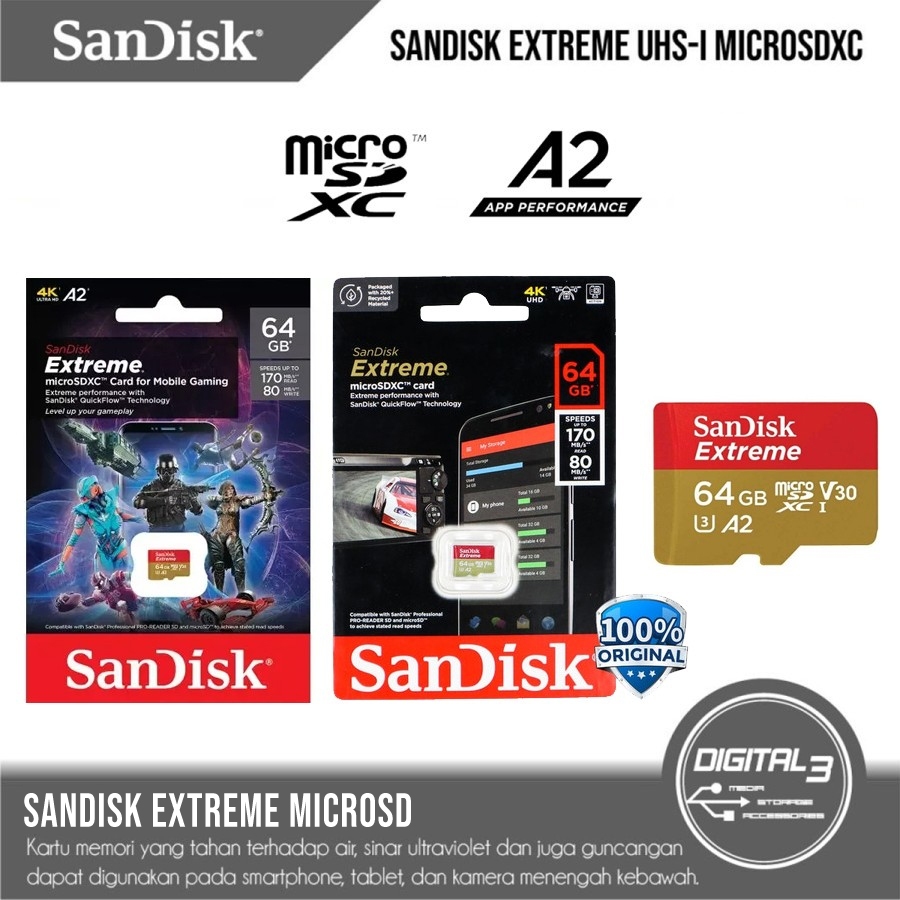 Jual Sandisk Extreme Micro SD 64GB 170MB/s Micro SDXC UHS-I Memory Card U3 A2 V30 Support 4K UHD ...