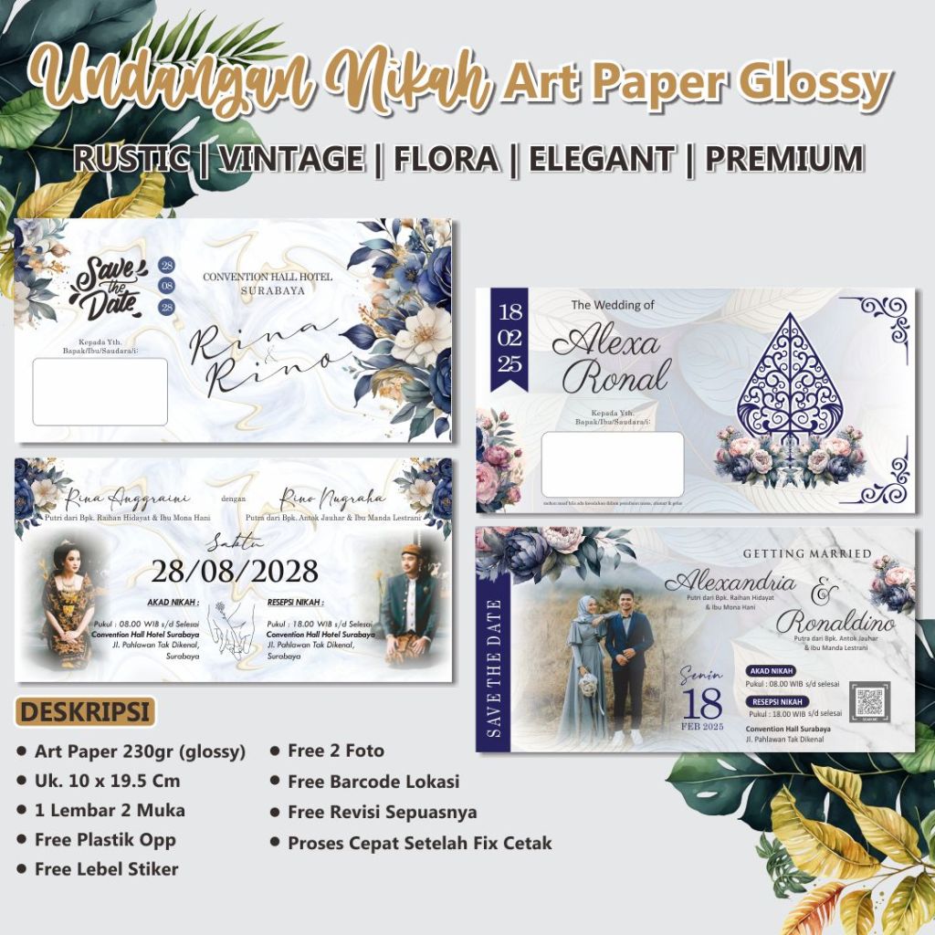 Jual Undangan Pernikahan Art Paper Glossy Tebal 1 Lembar | Vintage ...