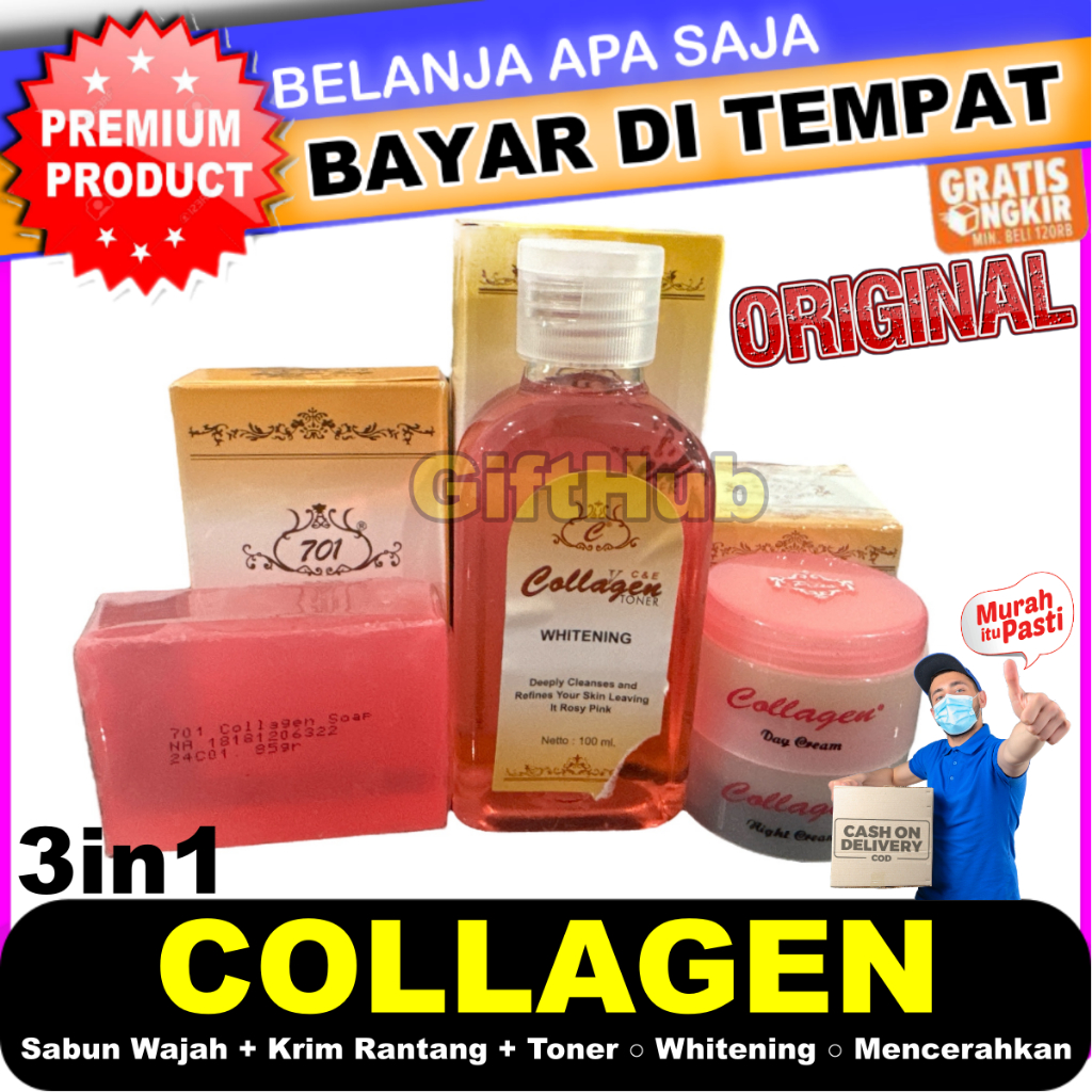 Jual 3in1 Collagen Krim Rantang Siang dan Malam + Sabun Pink + Toner ...