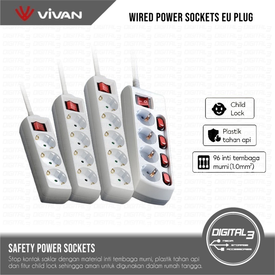 Jual VIVAN VPS Colokan Stop Kontak Power Strip Safety Socket Saklar 3-5 ...