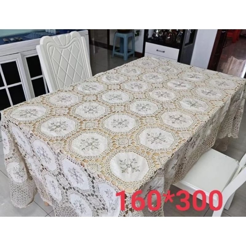 Jual taplak meja makan kain katun rajut sulam pita premium kursi10-12 ...