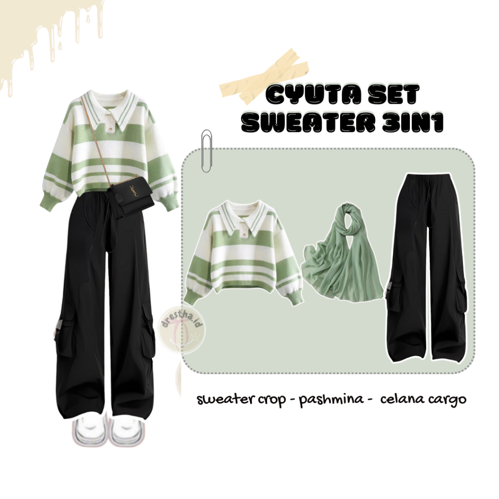 Jual Oneset Korean Style 3IN1 Sweater Crop Garis Sage, Celana Cargo, Pashmina Setelan OOTD ...