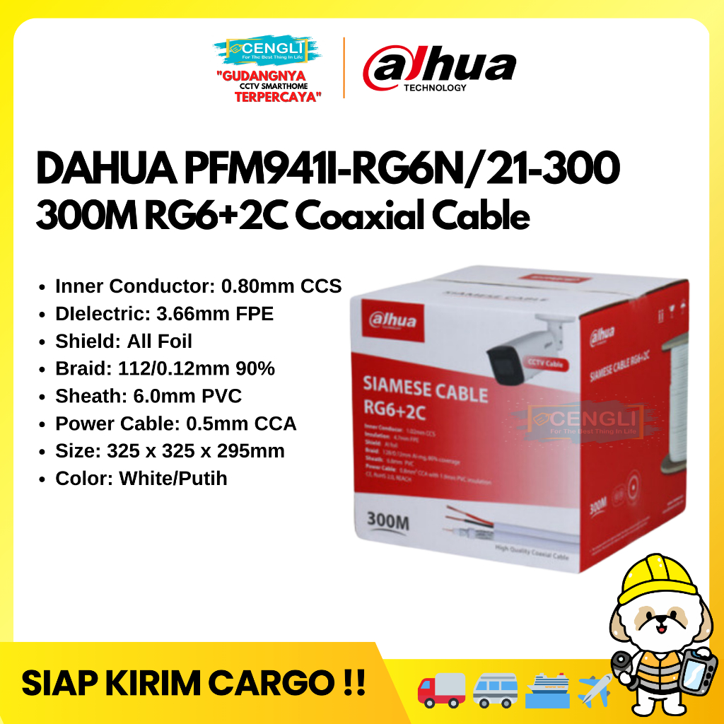 Jual Kabel RG6 Dahua DH-PFM941I-RG6N/21-300 300M RG6+2C Coaxial Cable ...
