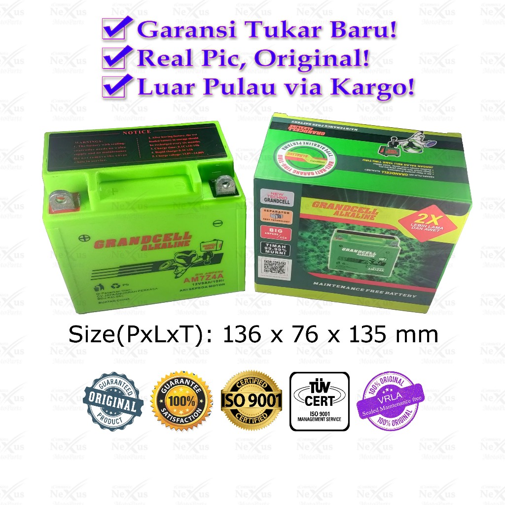 Jual Aki Motor Grandcell Alkaline AM7Z4A YB7A YB9B YB9A YB9AA 12N74A ...