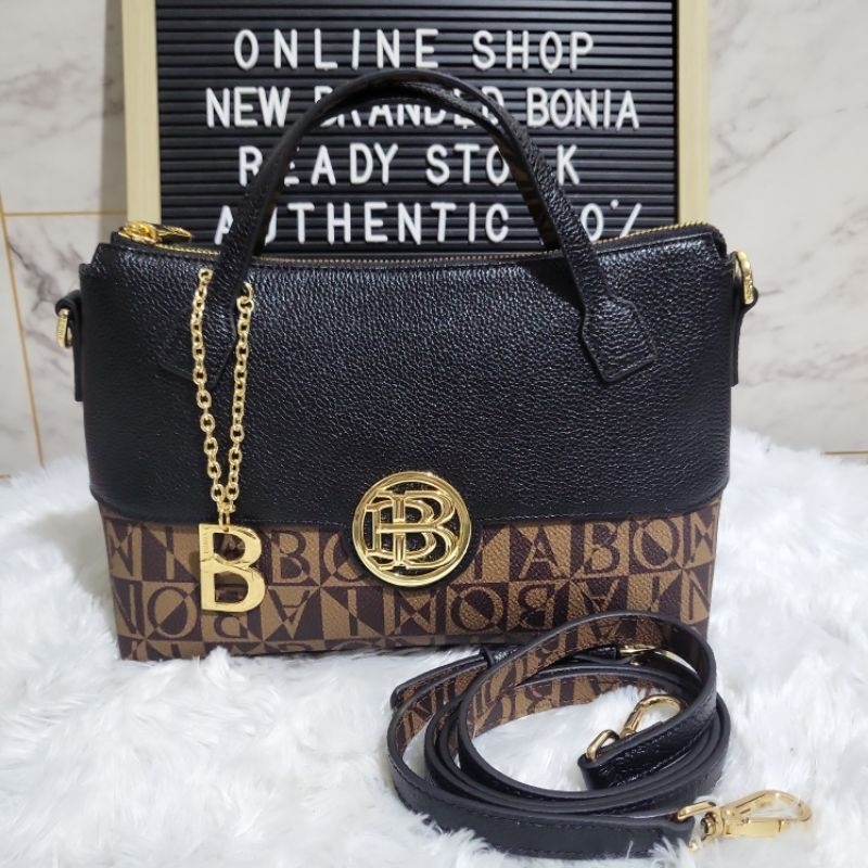 Jual tas bonia original sling bag hitam monogram logo B | Shopee Indonesia