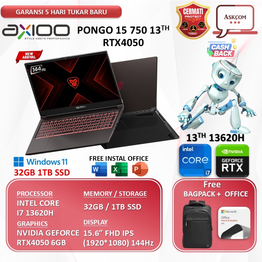 Jual Laptop Gaming Axioo Pongo 750 i7 13620H RTX4050 6GB 32GB 1TB SSD ...