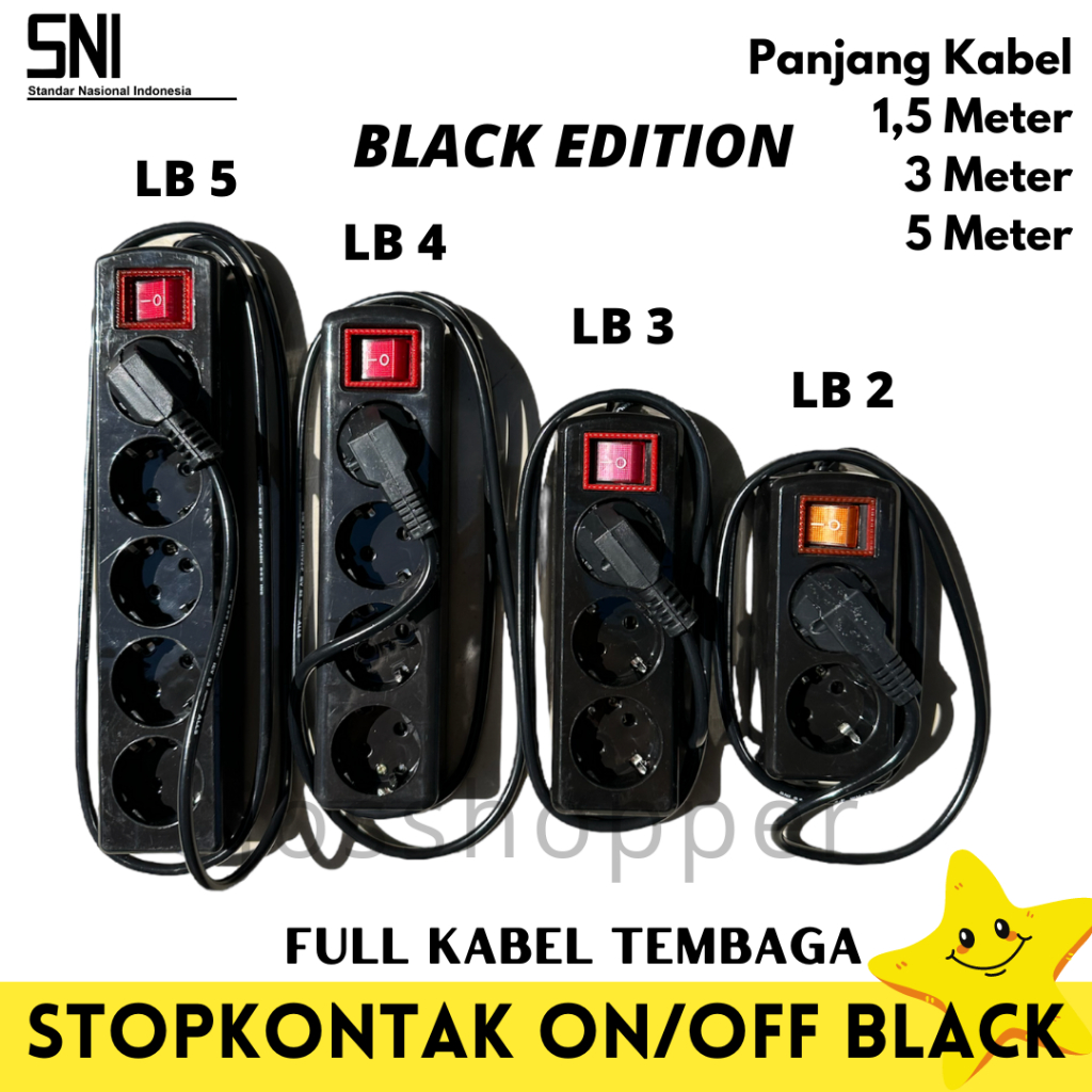 Jual STOP KONTAK LISTRIK + KABEL 2/3/4/5 LUBANG 1.5/3/5 METER BLACK EDITION SWITCH ON/OFF ...