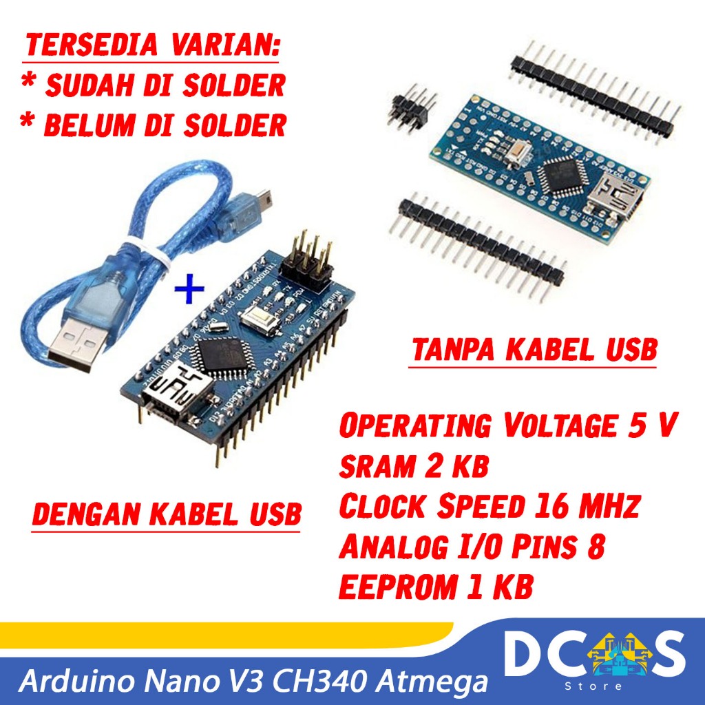 Jual Arduino Nano V3 CH340 Clone Atmega328P Solderless Dengan Kabel | Shopee Indonesia