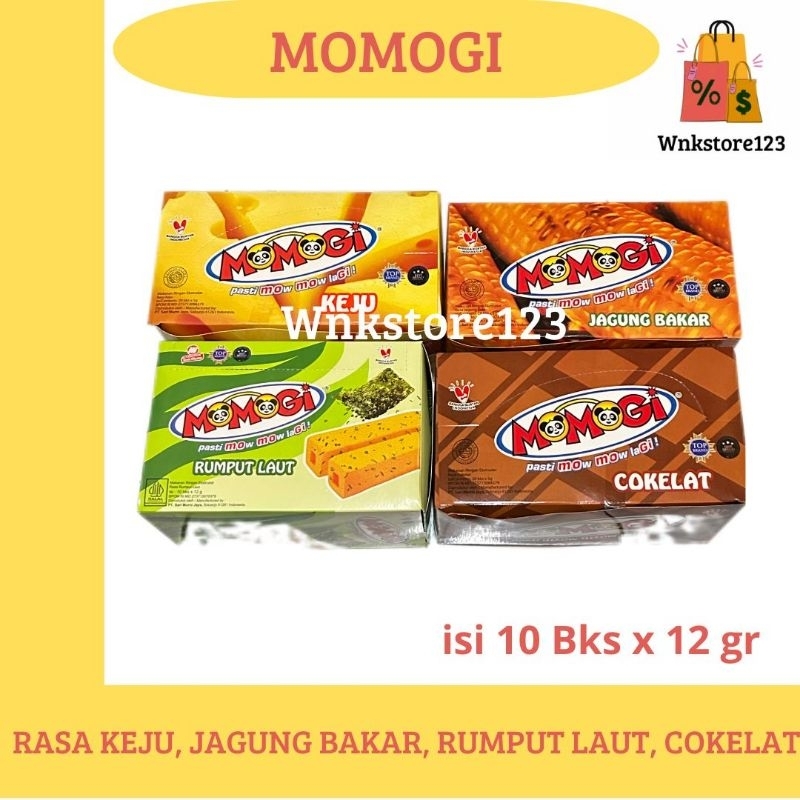 Jual Momogi snack stik rasa keju, jagung bakar, rumput laut, coklat kemasan 1 box isi 20bungkus ...