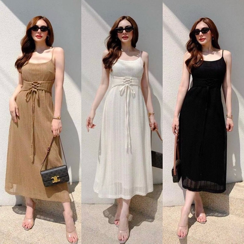 Jual D1637 JUWITA KOREAN STYLE VINTAGE MIDI DRESS BROCADE BRUKAT SIMPLE ...