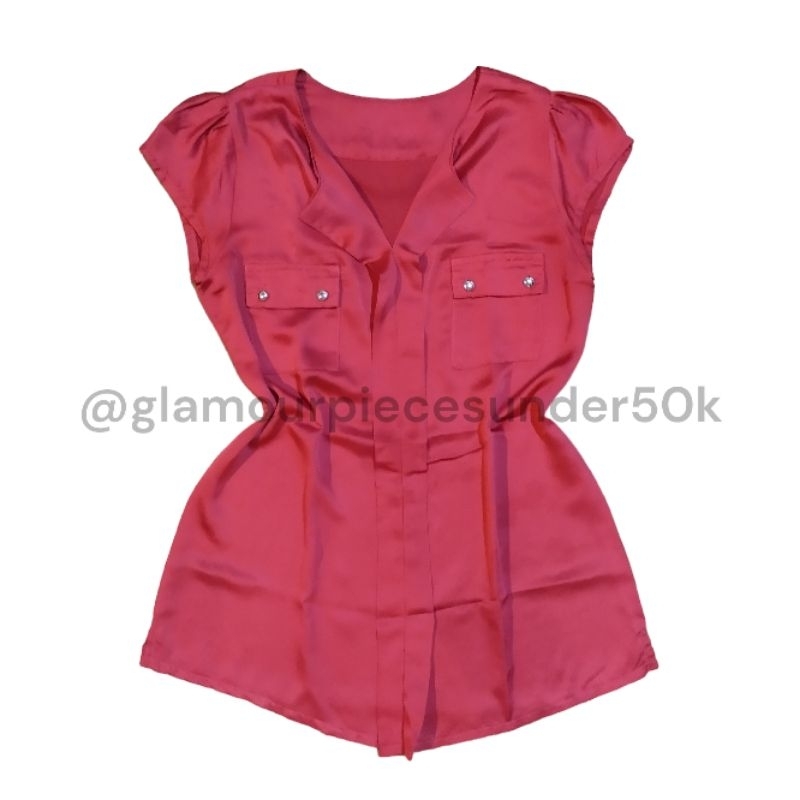 Jual Pre🩷️ Red Satin Blouse | Shopee Indonesia
