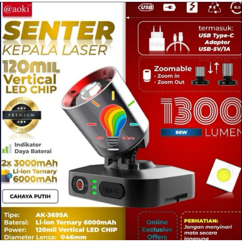 Jual AOKI Senter Kepala LED Zoom AK-3695A / AK-3685A / AK-3686K AOKI ...