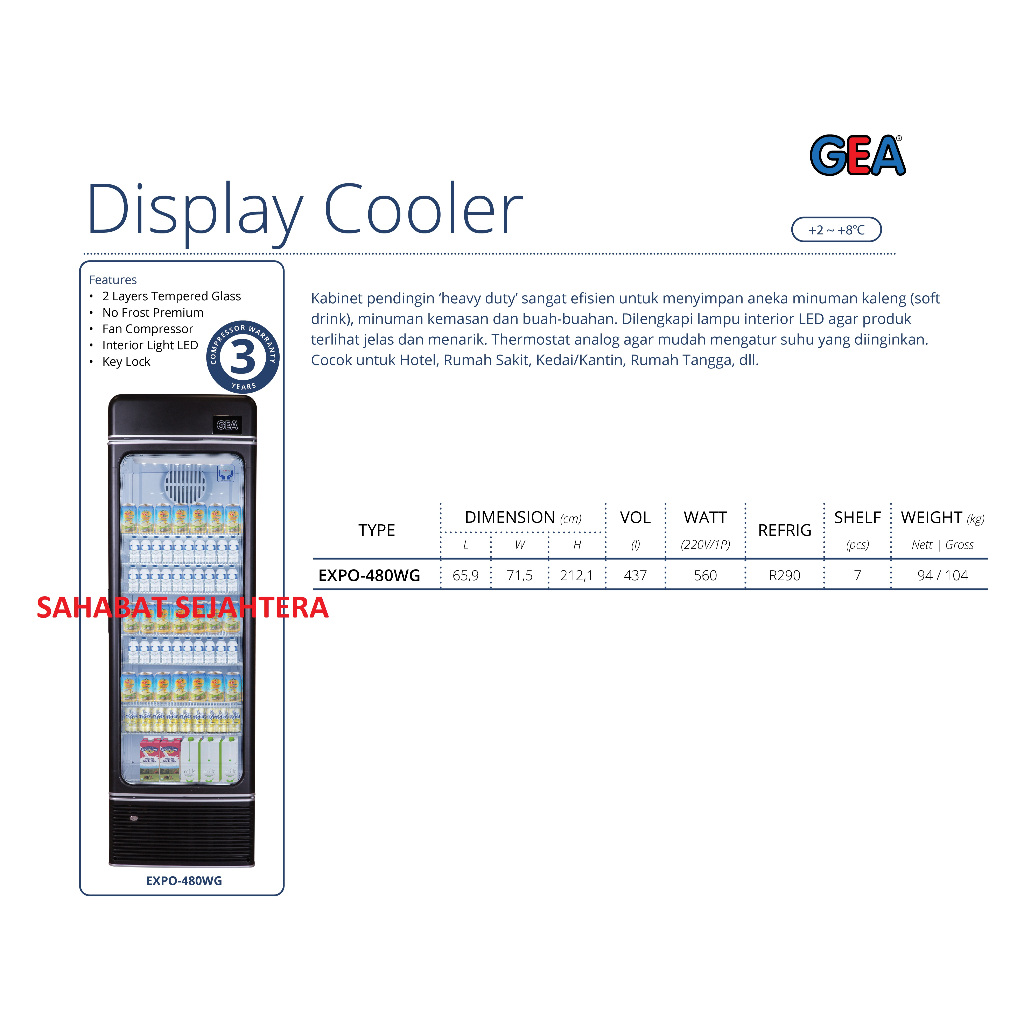 Jual GEA SHOWCASE / DISPLAY COOLER EXPO-480WG Kulkas 1 Pintu Kapasitas ...