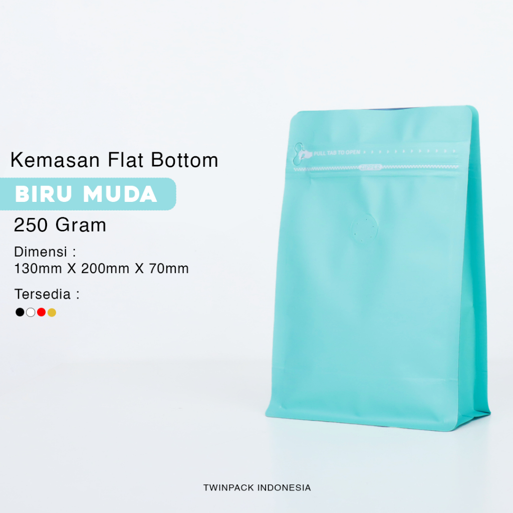 Jual Kemasan Kopi 200 - 250 Gram Ziplock Biru Muda Flat Bottom | Valve | Zipper | Packaging Kopi ...
