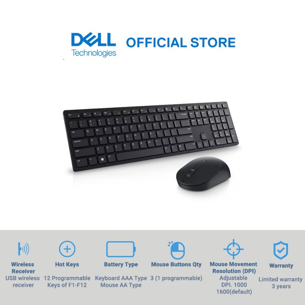 Jual Dell Pro Wireless Keyboard and Mouse KM5221WBKB-US - Black ...
