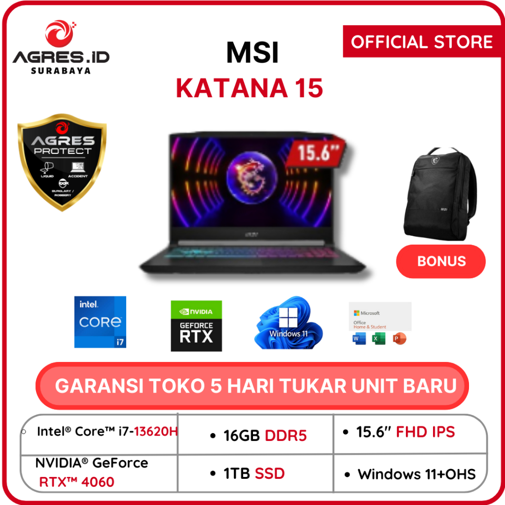 Jual MSI KATANA 15 I7 13620H RTX4060 8gb/ 16gb 1tb Windows11+Office 15.6QHD 165hz 100DCIP3 4ZRGB ...