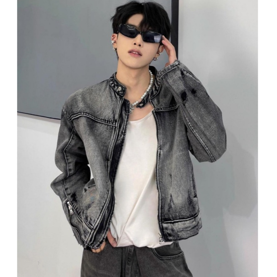 Jual Jaket Jeans Denim Boxy Fit Zipper Classic Hitam Sandwash cut Boxy ...