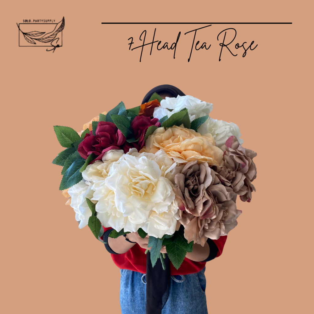 Jual (QC) TERLARIS 7HEAD TEA ROSE Flower buket Home Wedding Table Decoration Bunga Palsu Buatan ...