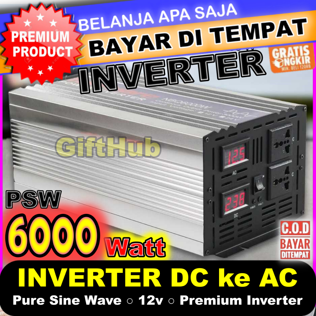 Jual Car Power Inverter With Pure Sine Wave DC 12V to AC 220V 6000W - 12V Digital Aki Battery ...