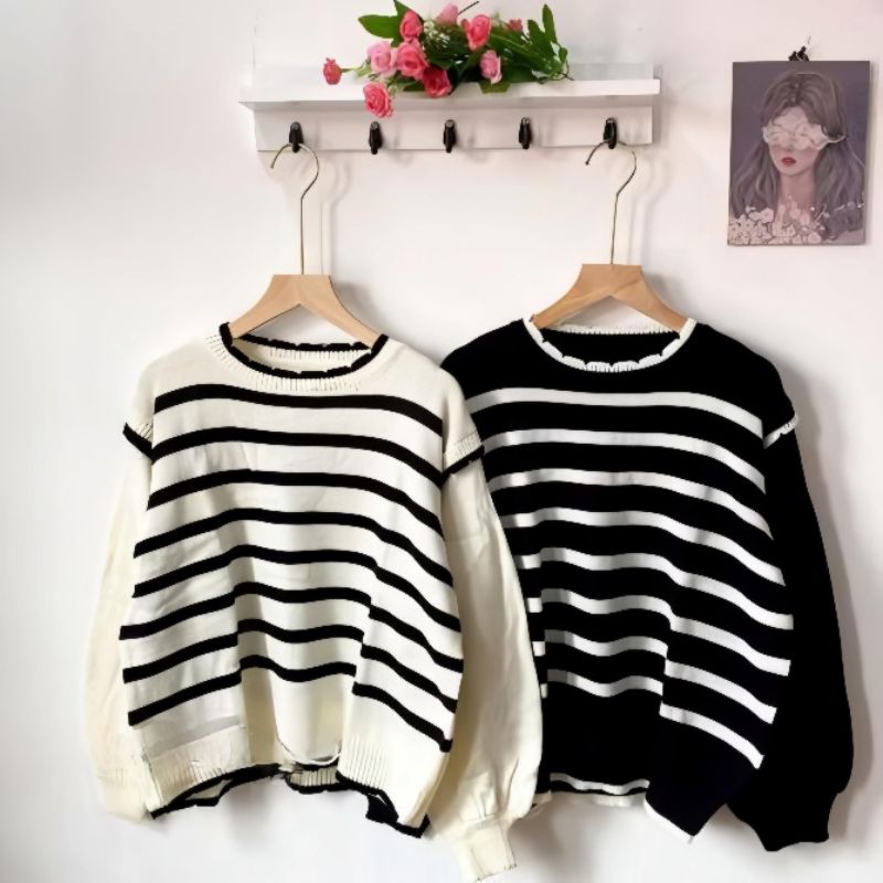 Jual Seweater Cardigan Atasan Sweater Knit Rajut Stripe Lengan Balon Baju Blouse Rajut Premium ...