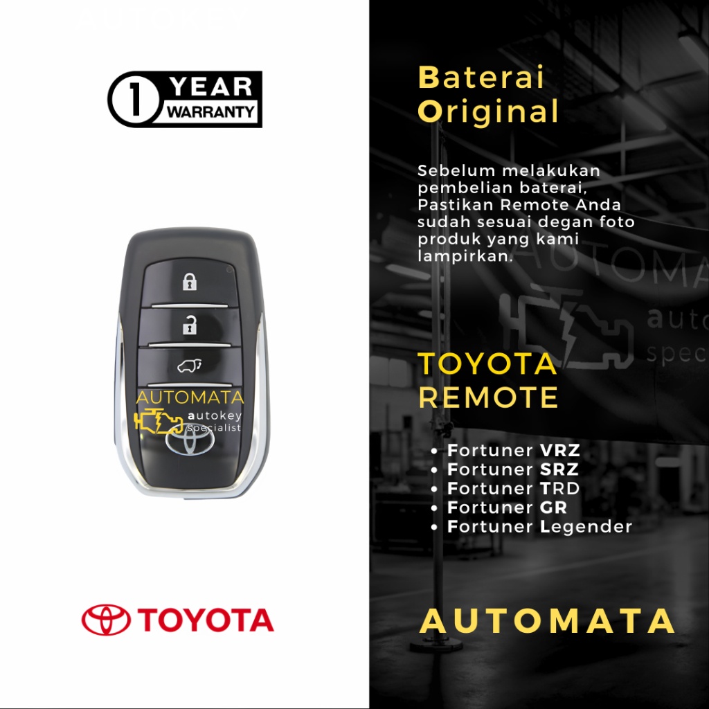 Jual Baterai Remote Kunci Keyless Smart Key Toyota Fortuner VRZ SRZ GR ...