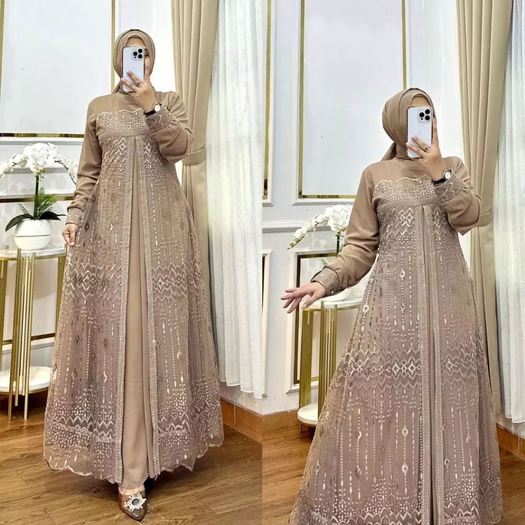 Jual Gamis Kondangan Terbaru Amelda Maxy KF Bahan Kain Ceruty Babydoll Full Puring Mix Brukat ...
