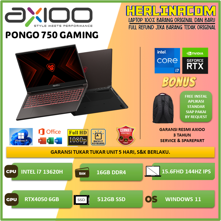 Jual AXIOO PONGO 750 i7 13620H RTX4050 6GB/ 16GB 512GB SSD WINDOWS 11 ...