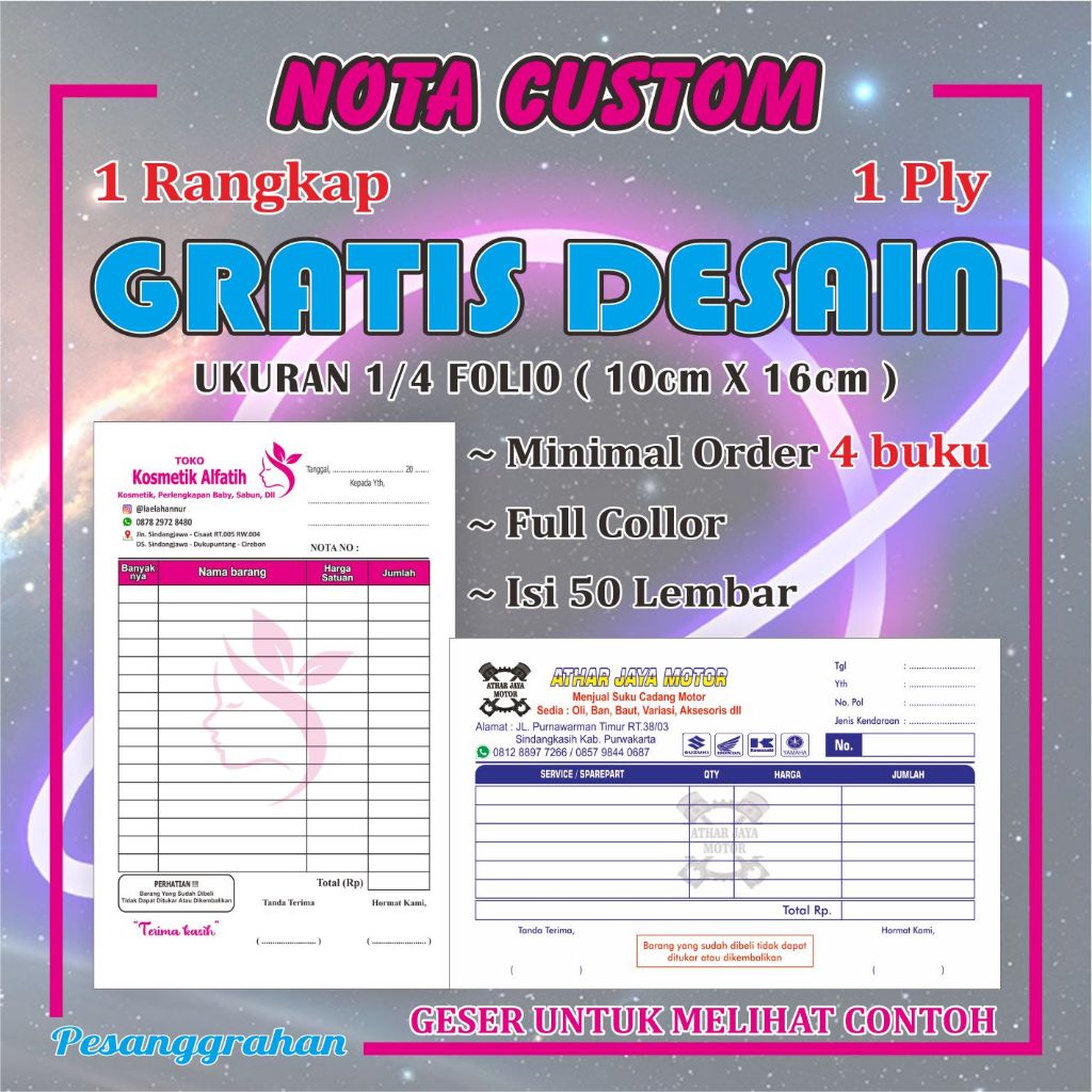 Jual Nota Ukuran 1/4 Folio 1 Ply cetak nota custom nama toko logo usaha ...