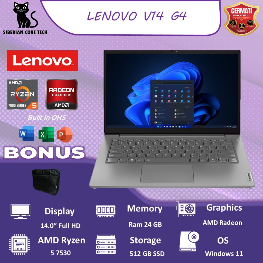 Jual Laptop Lenovo V14 G4 RYZEN 5 7520U RAM 16GB 512SSD W11+OHS 14.0FHD ...