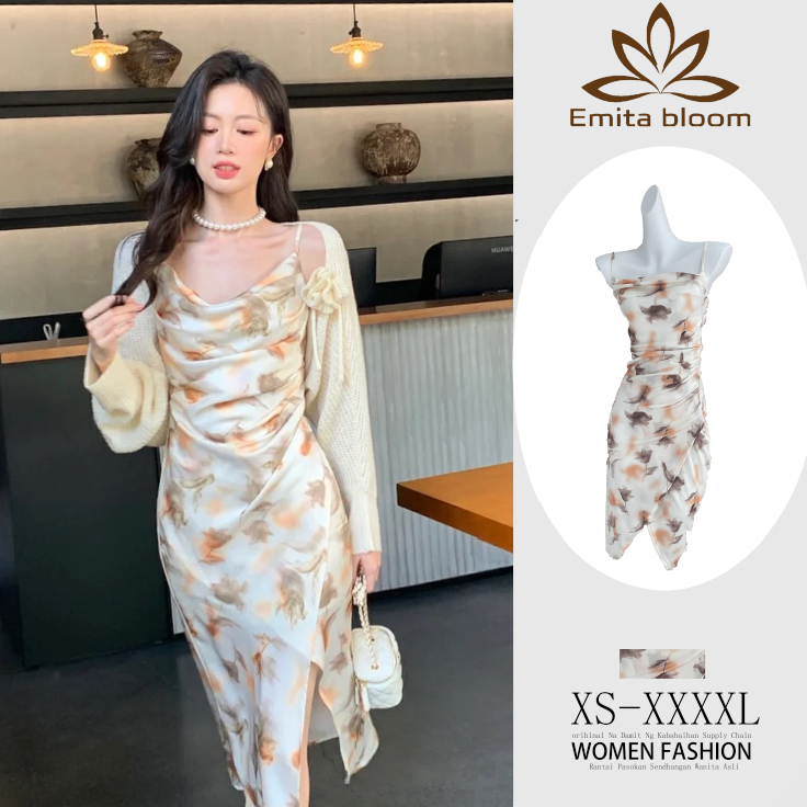 Jual EMITA BLOOM beige vintage midi dress pantai press body wanita ...