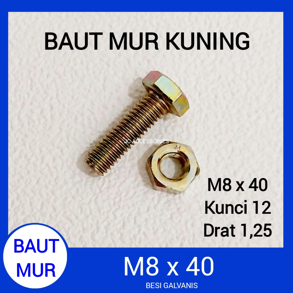 Jual BAUT MUR KUNING M8x40 KUNCI 12 PITCH 1,25 BMK 8X40 M8 x 40 BMH HEXAGON HEX HEXA GALVANIS 8 ...