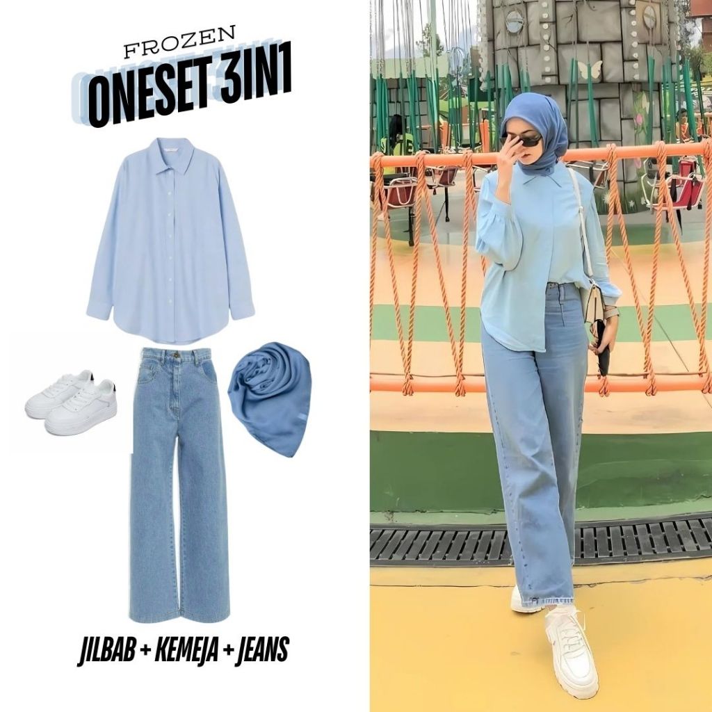 Jual One set 3in1 baju pakaian kemeja lengan panjang kerah celana highwaist jeans jilbab bella ...