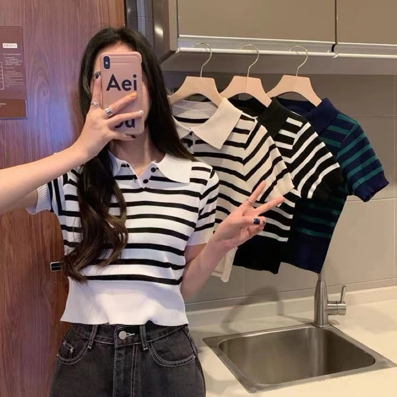 Jual Atasan Kerah polo Rajut SALUR - Vneck Crop Top Blouse - Polo Shirt Atasan Wanita Kancing ...