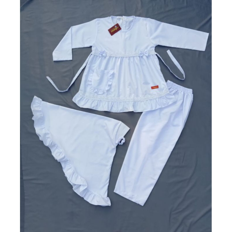 Jual setelan celana putih anak perempuan manasik haji TK/SD bahan katun putih polos motif renda ...